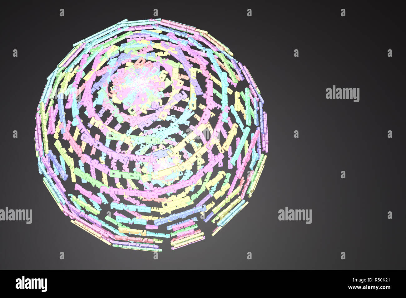 Abstract sphere or planet made up from words or alphabetic character ...