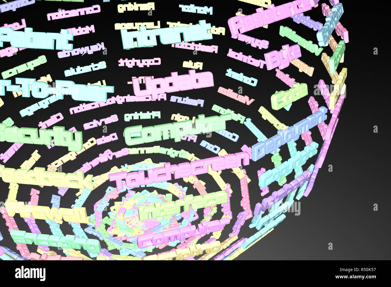 Sphere or planet, made up from words or alphabetic character, CGI ...