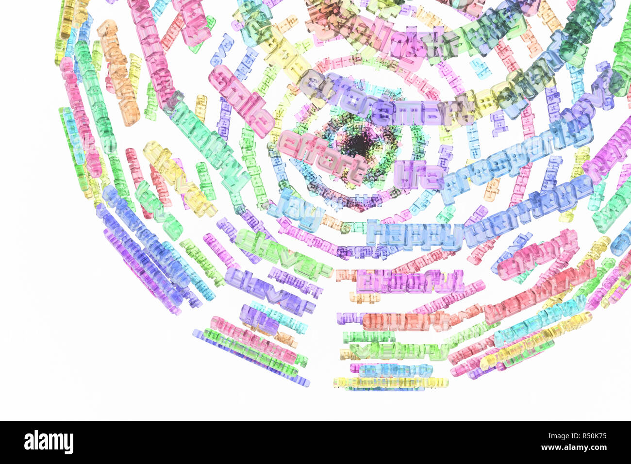 CGI typography, sphere or planet, made up from words or alphabetic ...