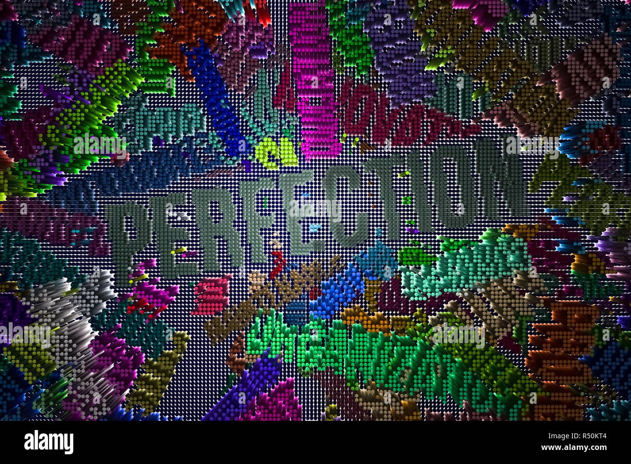 Keyword of Perfection. Colorful 3D rendering. Geometric structure block ...