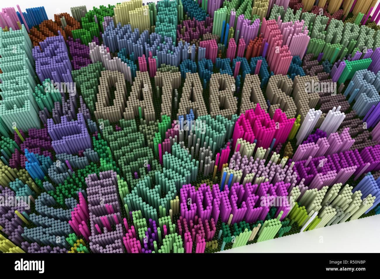 Keyword of Database. Colorful 3D rendering. Abstract block geometric ...