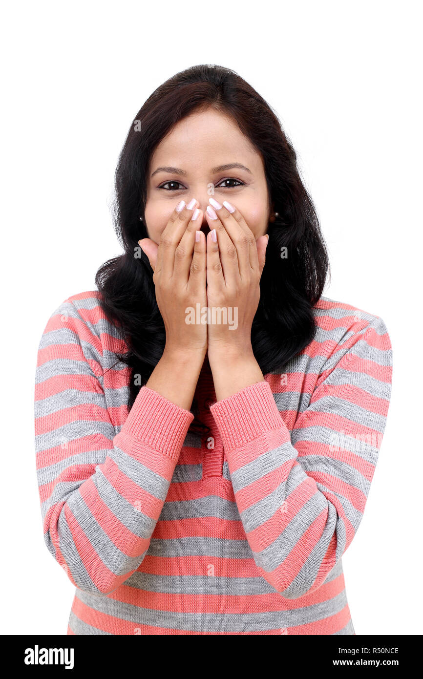 Young woman happy smile cover her mouth by hand palms Stock Photo - Alamy