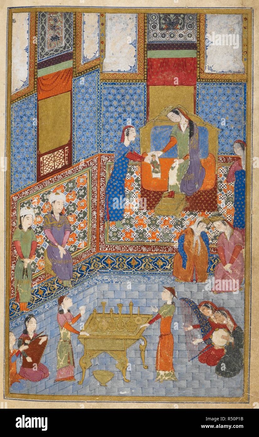 Nushabah recognizes Iskandar by his portrait. A miniature painting ...