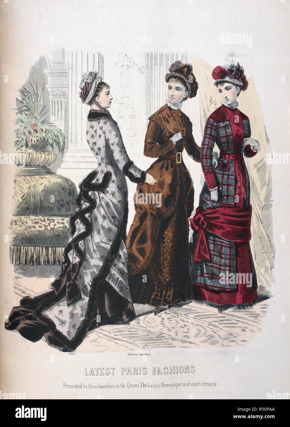Three women wearing the latest Paris fashions. The Queen. London, 1878 ...