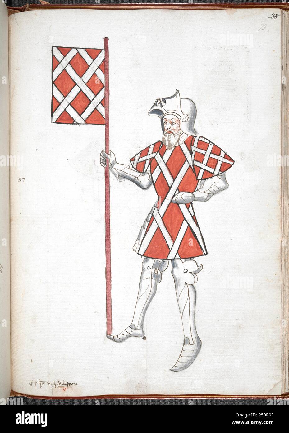 Knight, in armour and tabard, holding a sword and a standard with ...