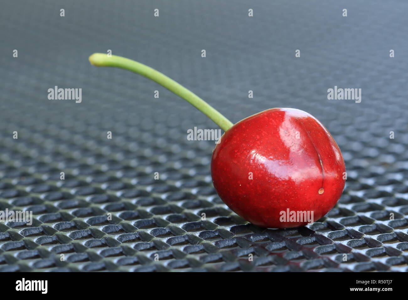 A Single cherry in front of a grey metal background Stock Photo - Alamy