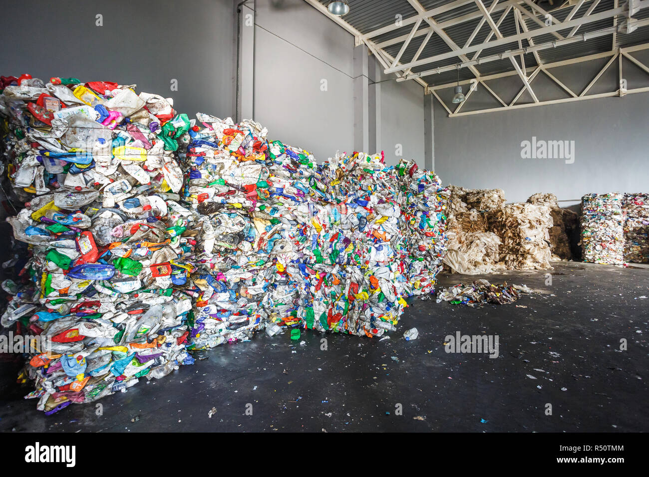 Plastic bales of rubbish at the waste treatment processing plant ...