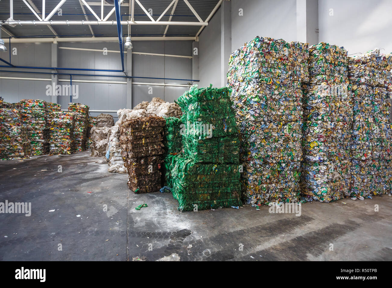 Plastic bales of rubbish at the waste treatment processing plant ...