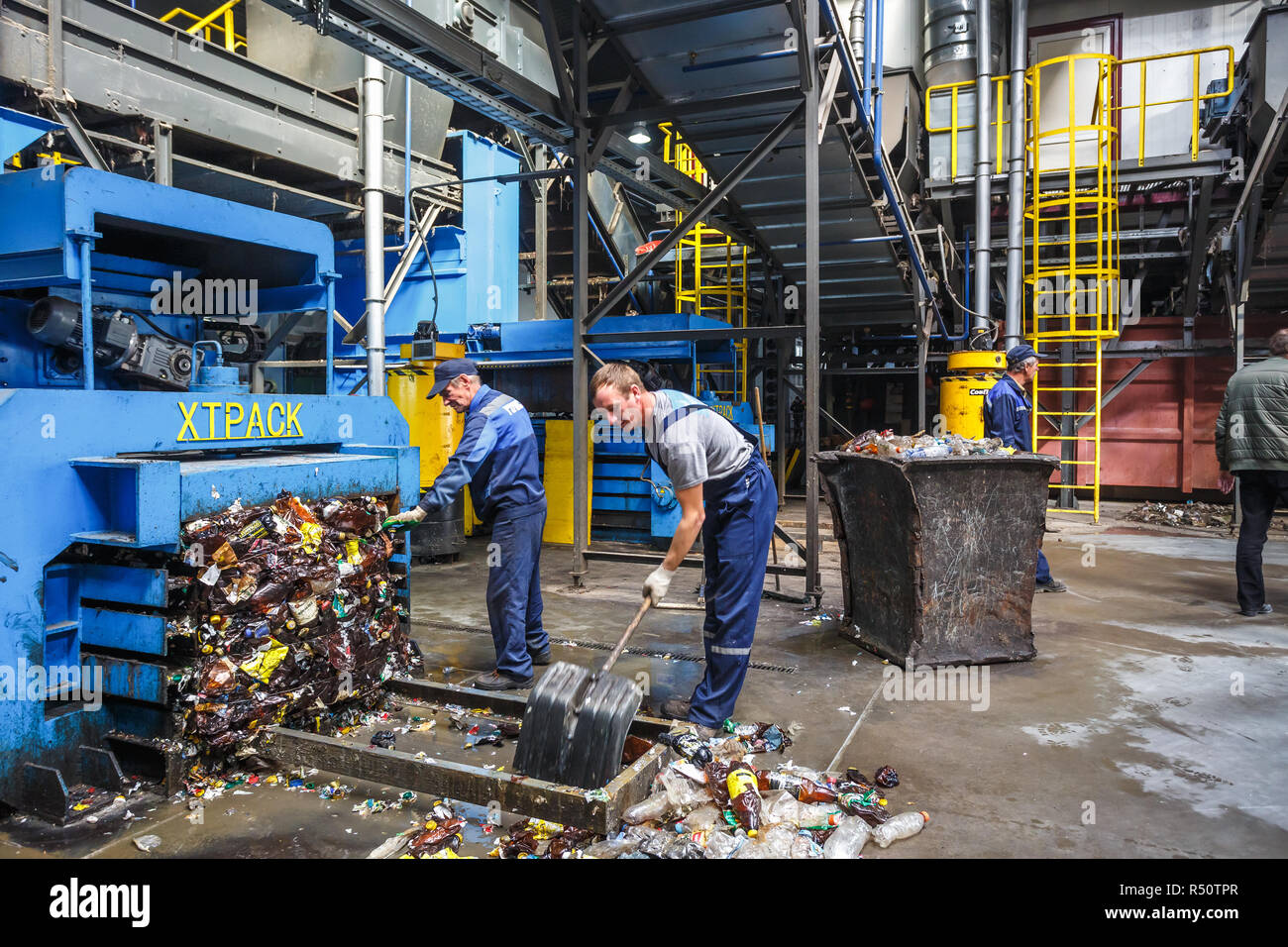 GRODNO, BELARUS - OCTOBER 2018: garbage press on modern waste recycling ...