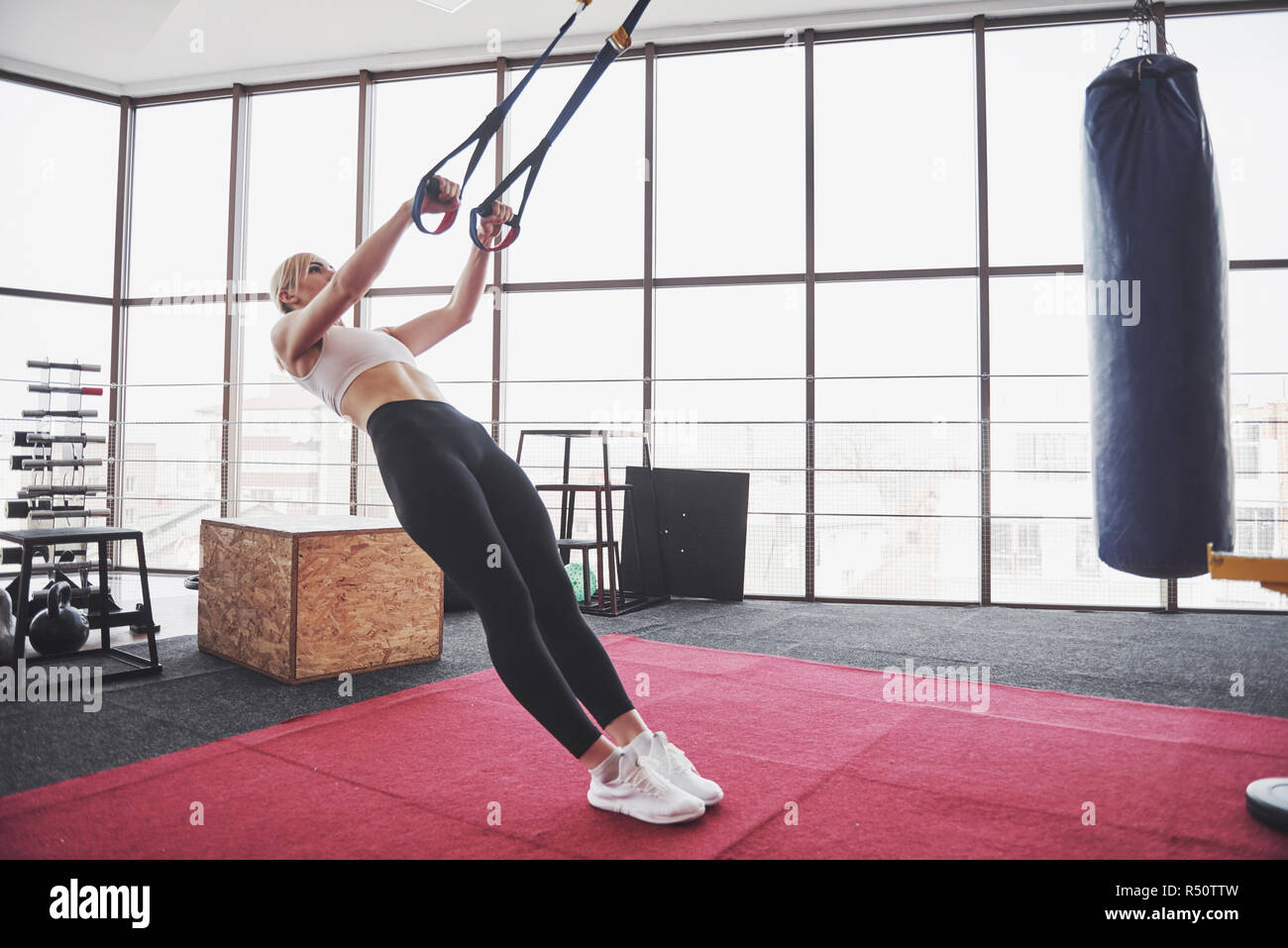 Women doing push ups training arms with trx fitness straps in the gym ...