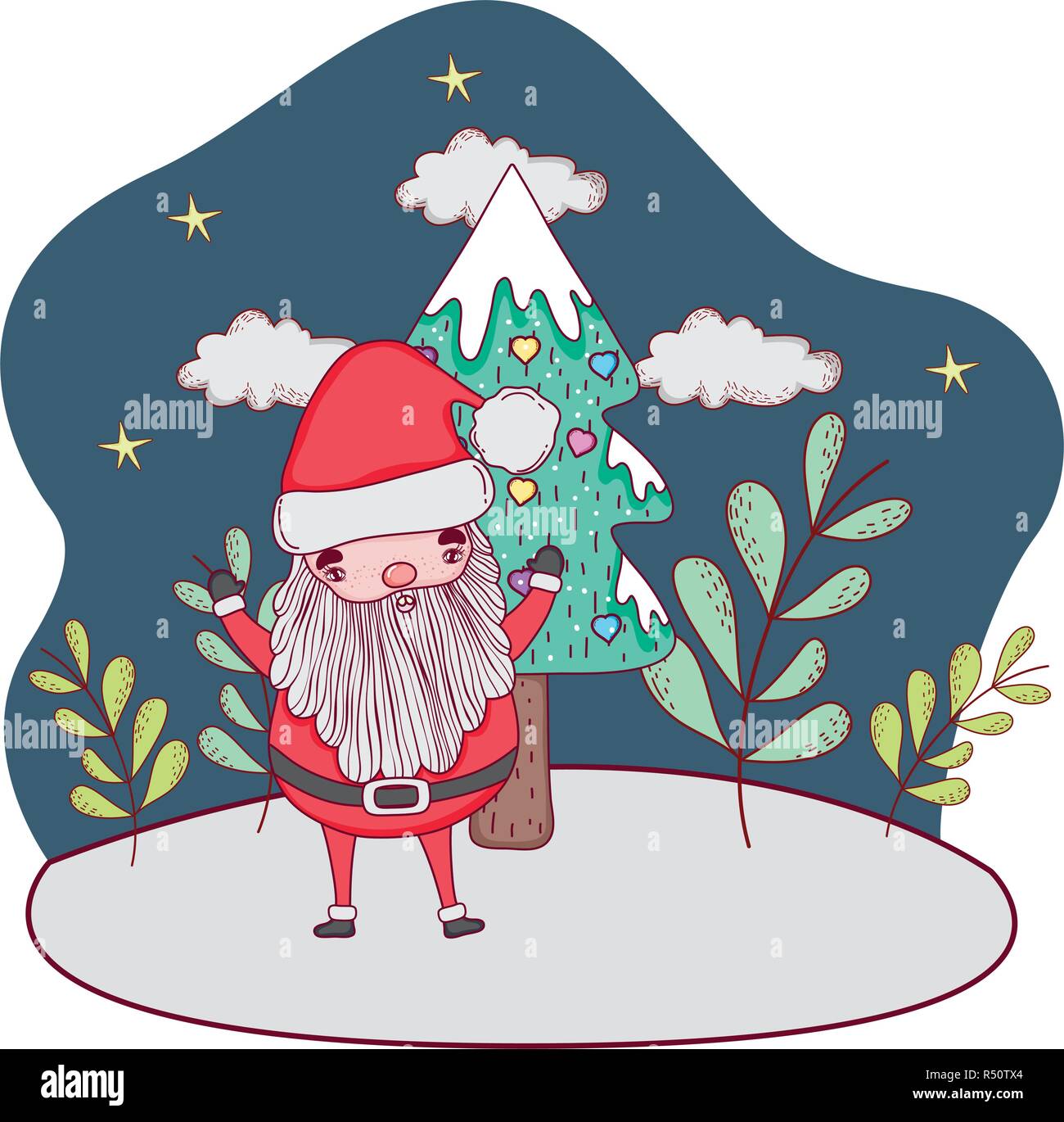 santa claus with tree in the snowscape vector illustration design Stock ...