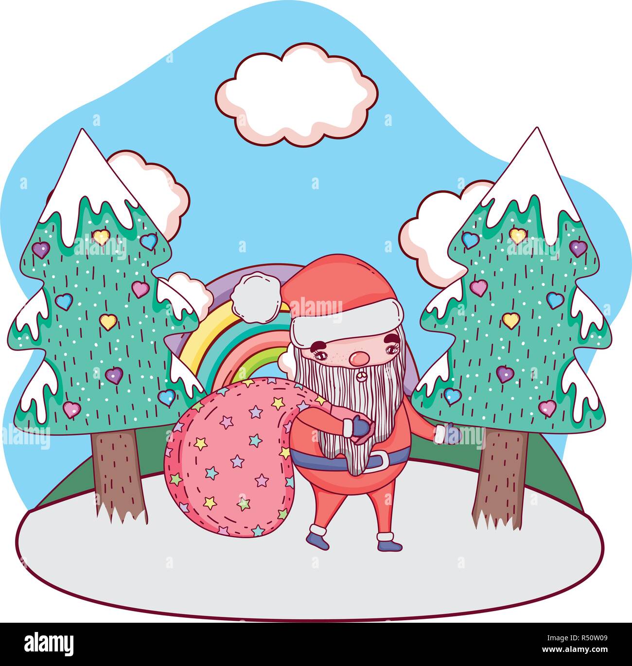 cute christmas santa claus with bag in the landscape vector ...