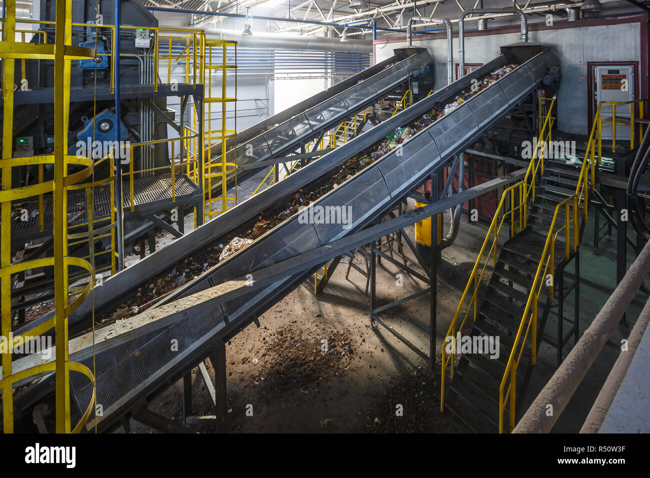 moving conveyor transporter on Modern waste recycling processing plant ...