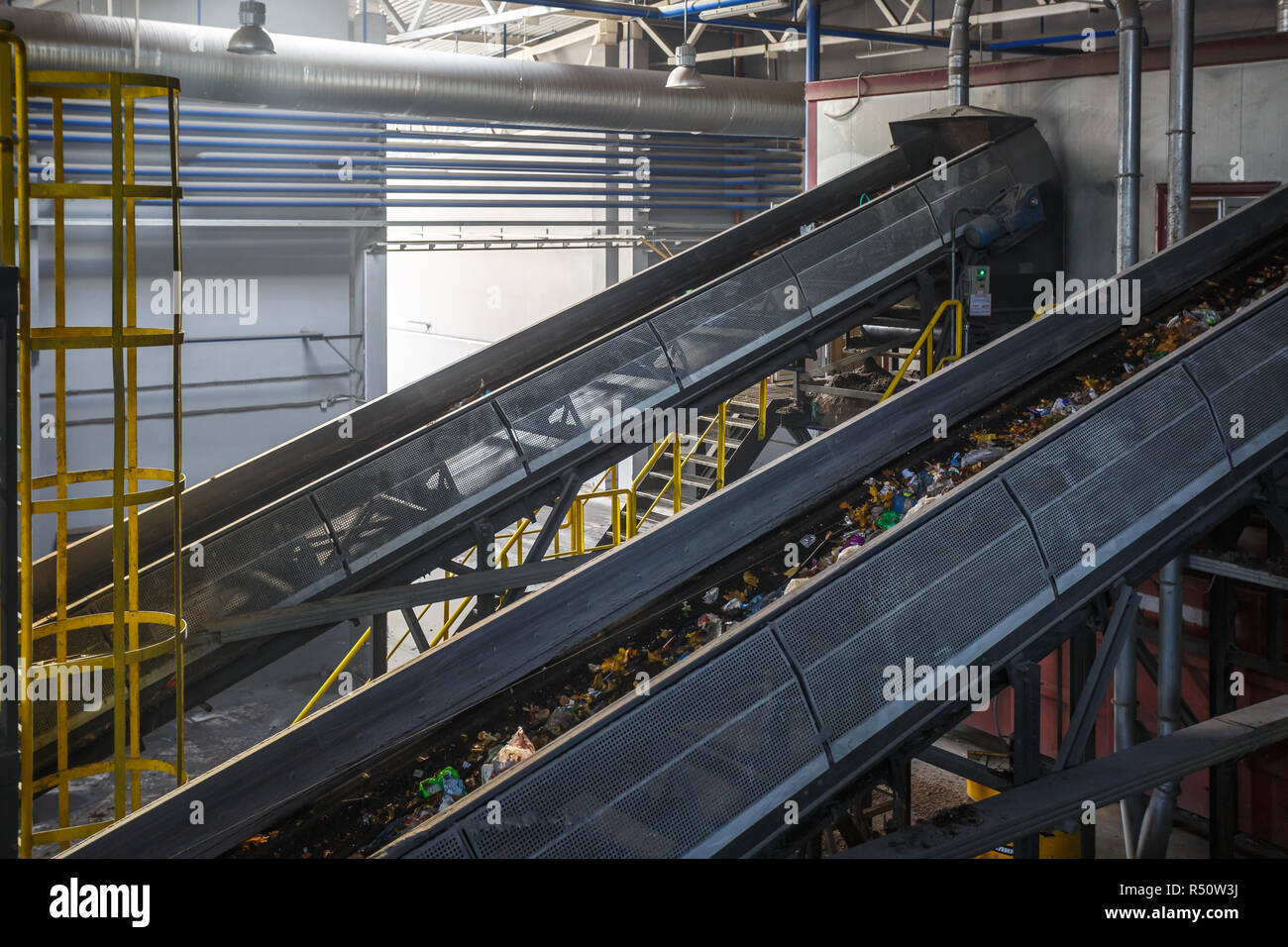 moving conveyor transporter on Modern waste recycling processing plant ...