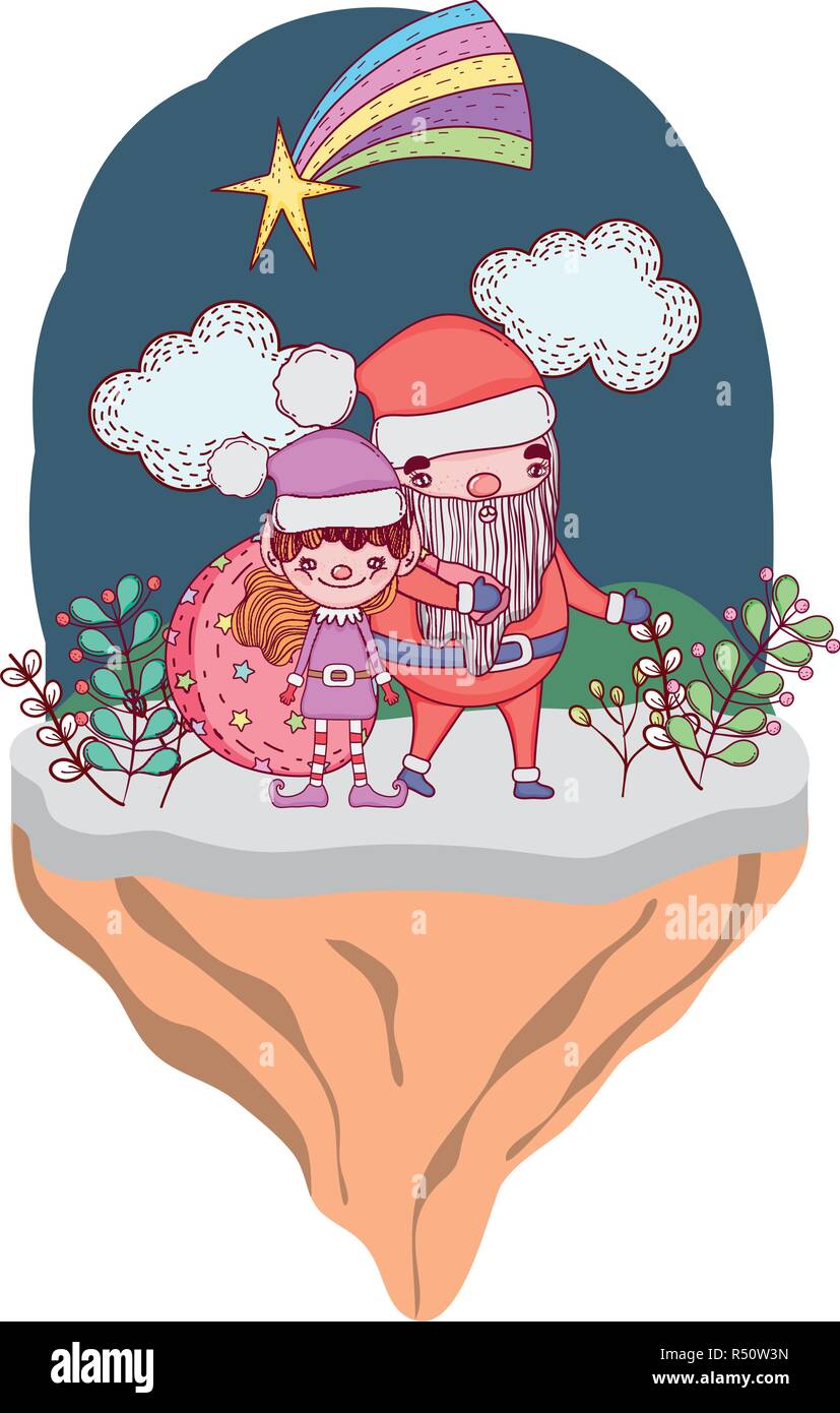 christmas santa claus with helper in the landscape vector illustration ...
