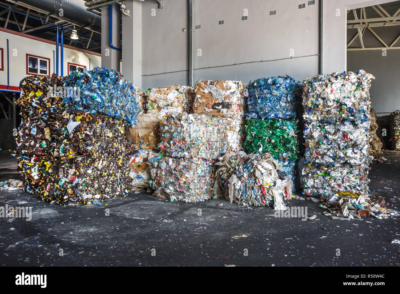 Plastic bales of rubbish at the waste treatment processing plant ...
