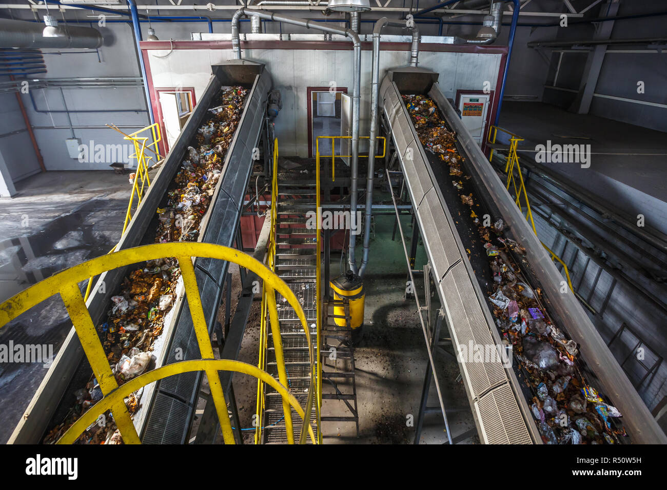 moving conveyor transporter on Modern waste recycling processing plant ...