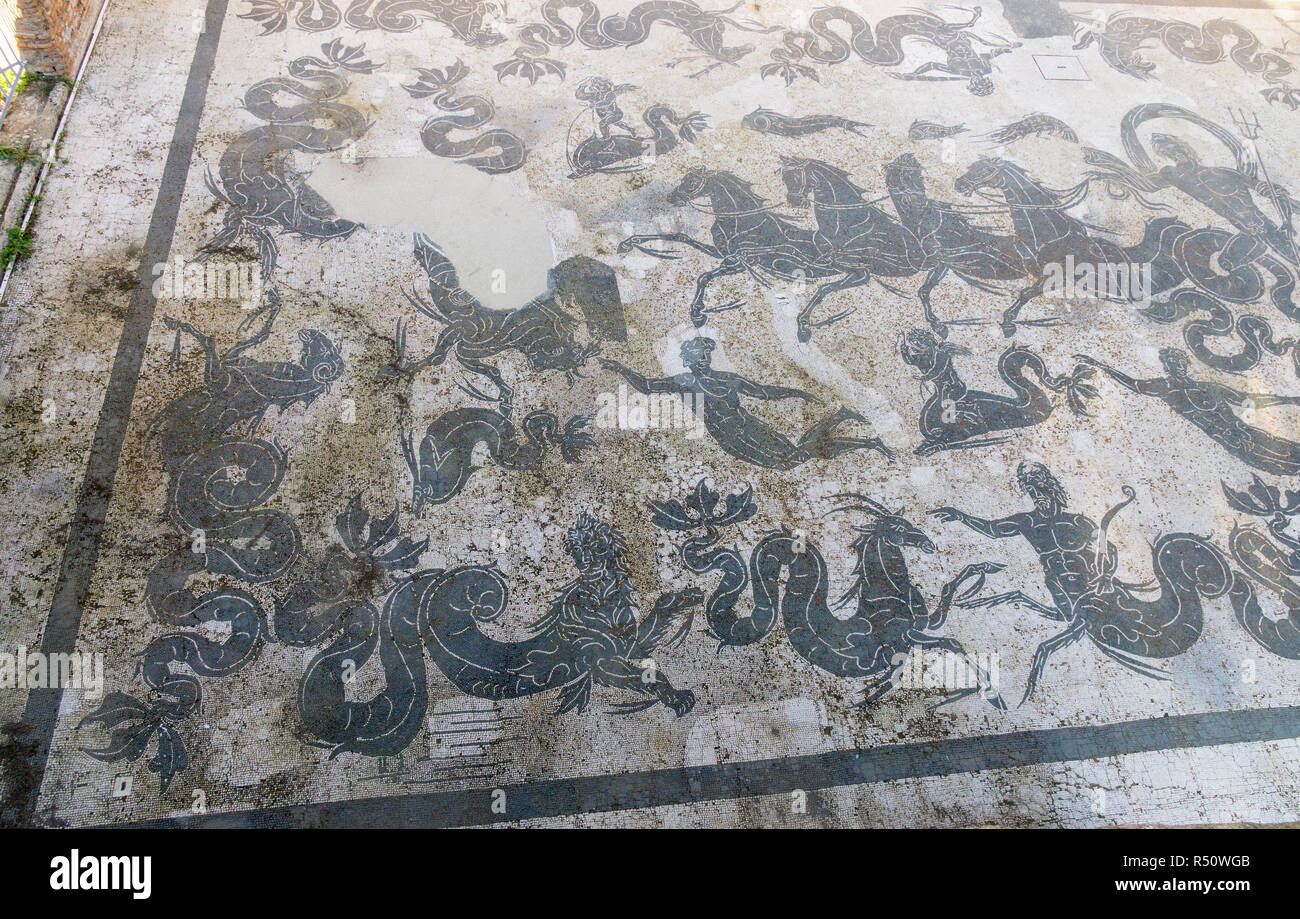 Ostia antica in Rome, Italy. Detail of Neptune's triumph mosaic in the ...