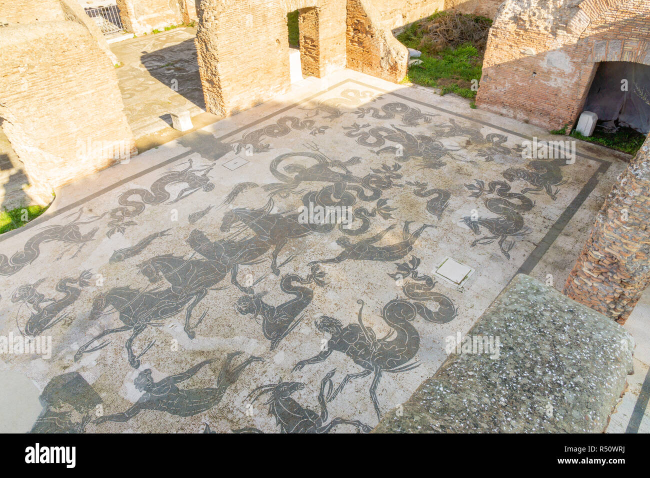 Ostia antica in Rome, Italy. Detail of Neptune's triumph mosaic in the ...