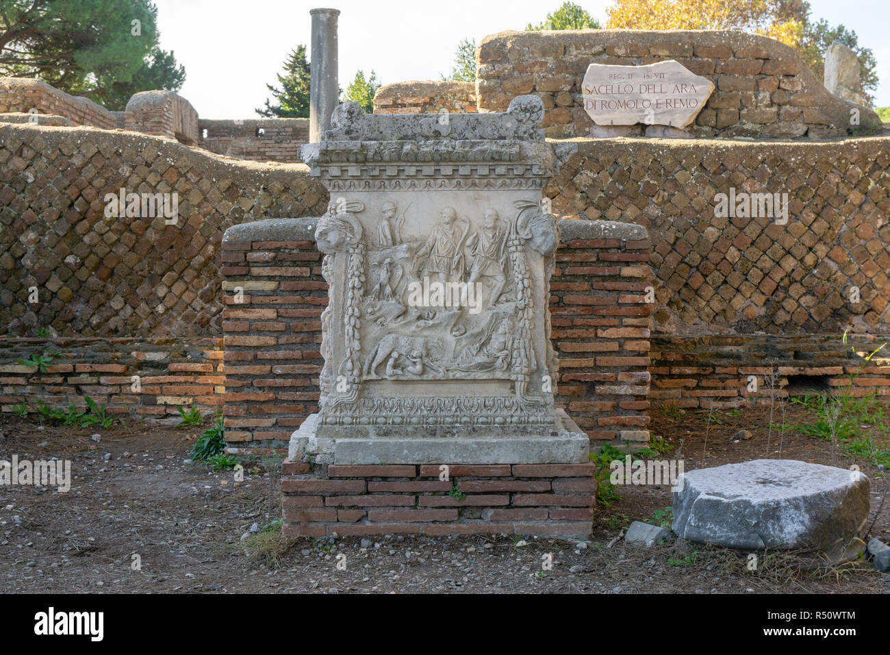 Ostia antica in Rome, Italy. Depiction of the she-wolf with the twins ...