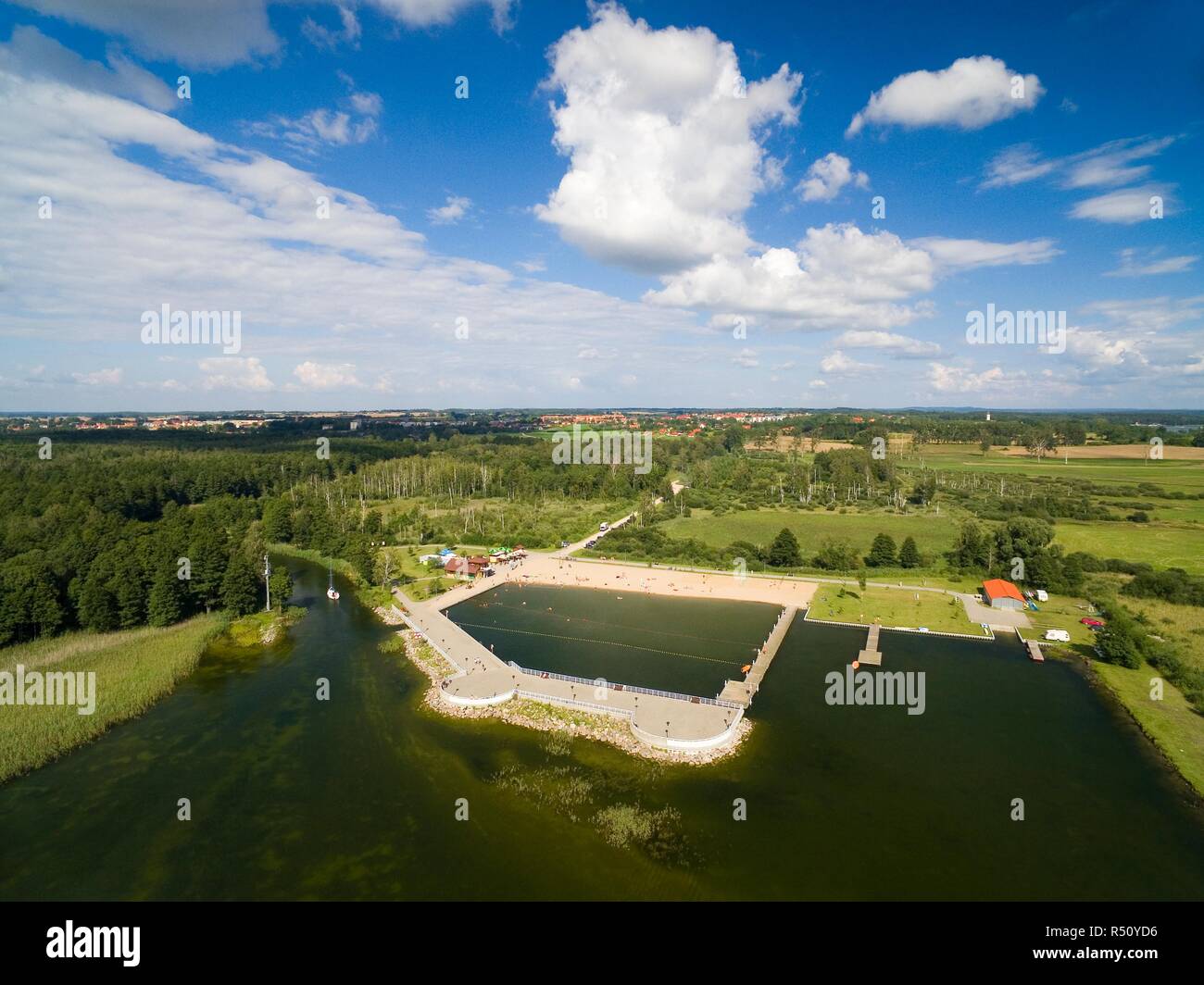 Aerial view of concrete quay and town beach on Mamry Lake, Wegorzewo ...