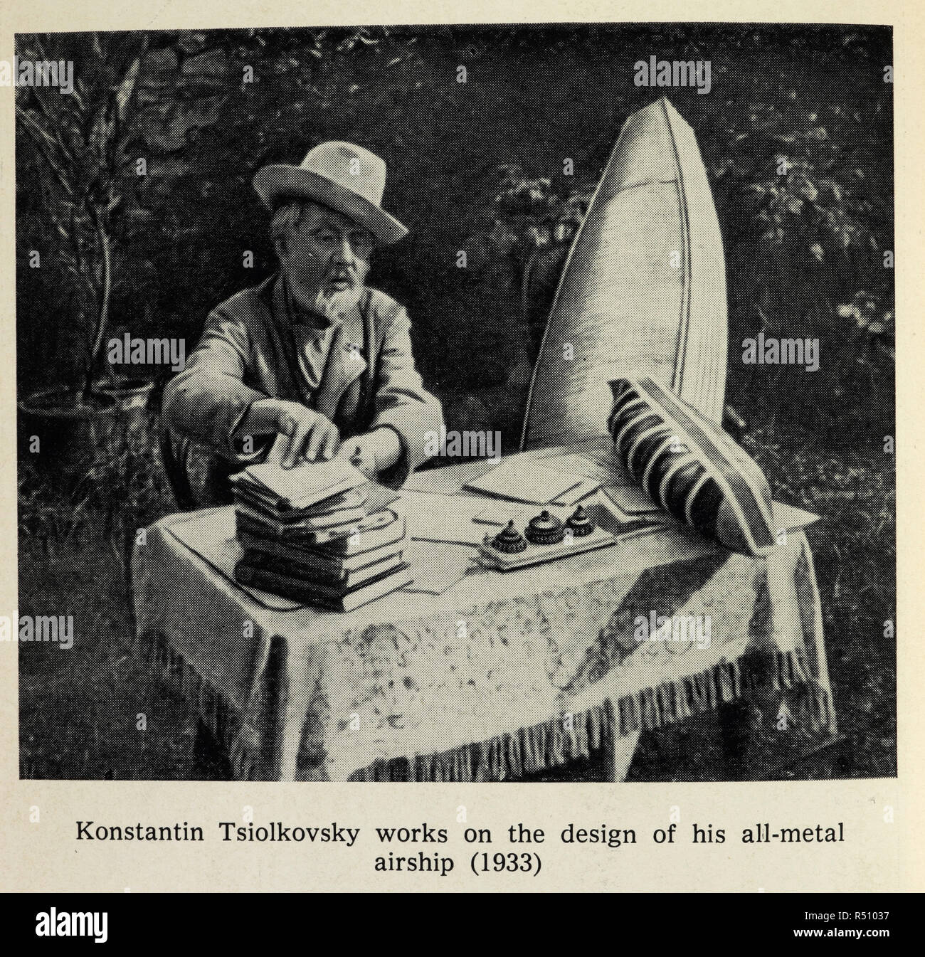 Konstantin Tsiolkovsky works on the design of his all-metal airship ...