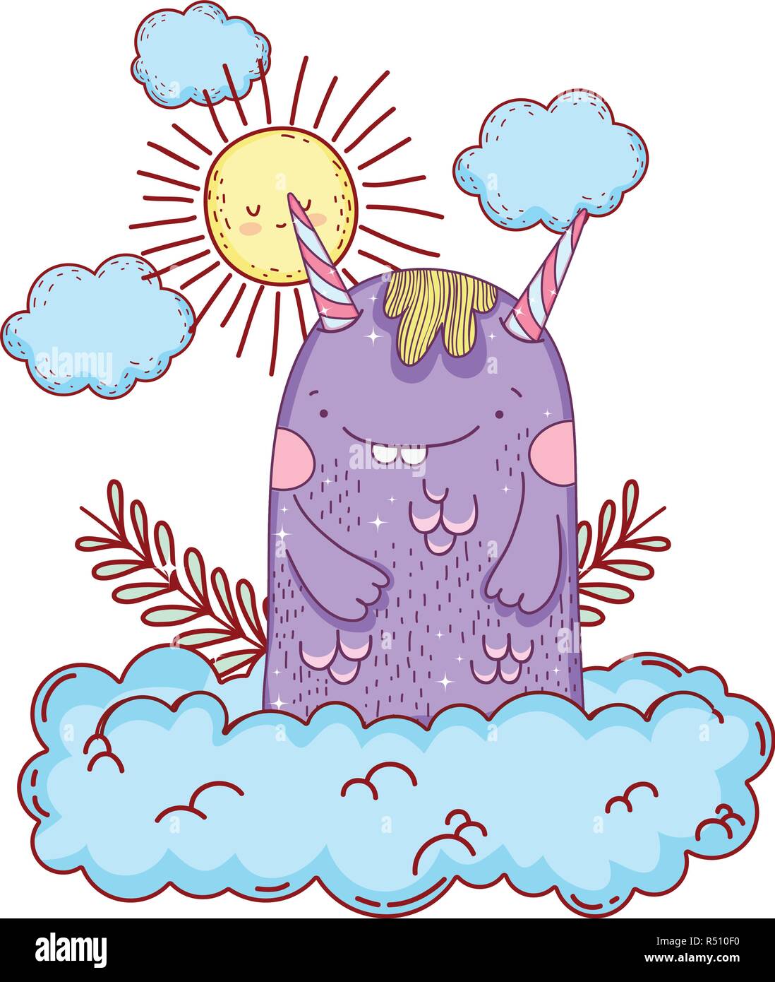 fairytale monster with clouds and sun vector illustration design Stock ...