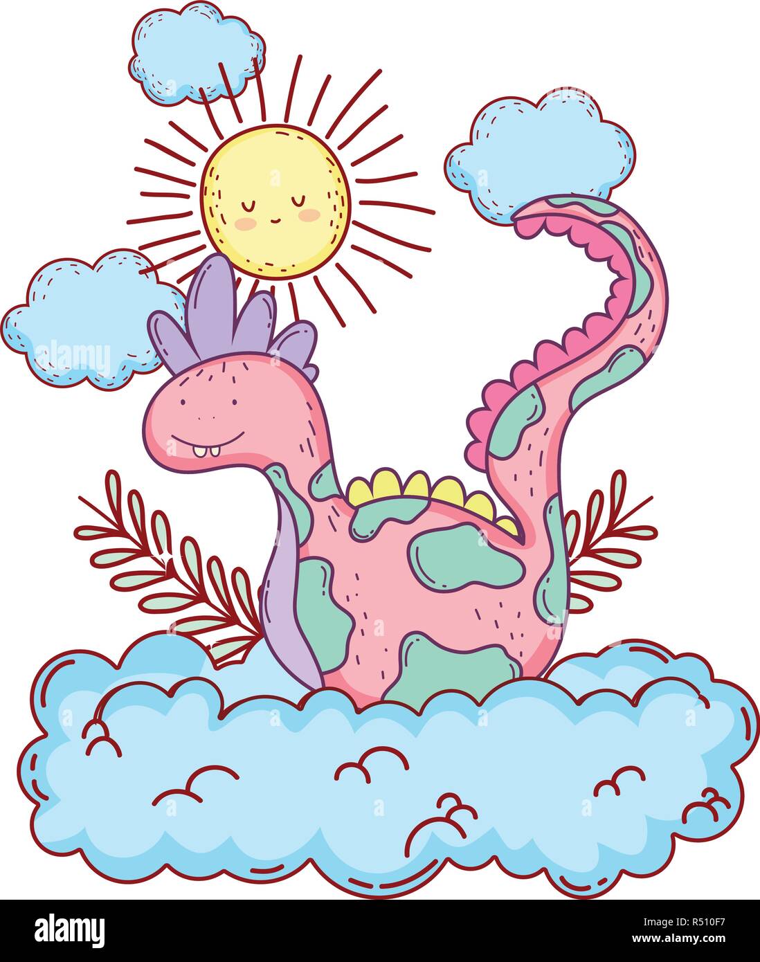 fairytale dinosaur with clouds and sun vector illustration design Stock ...