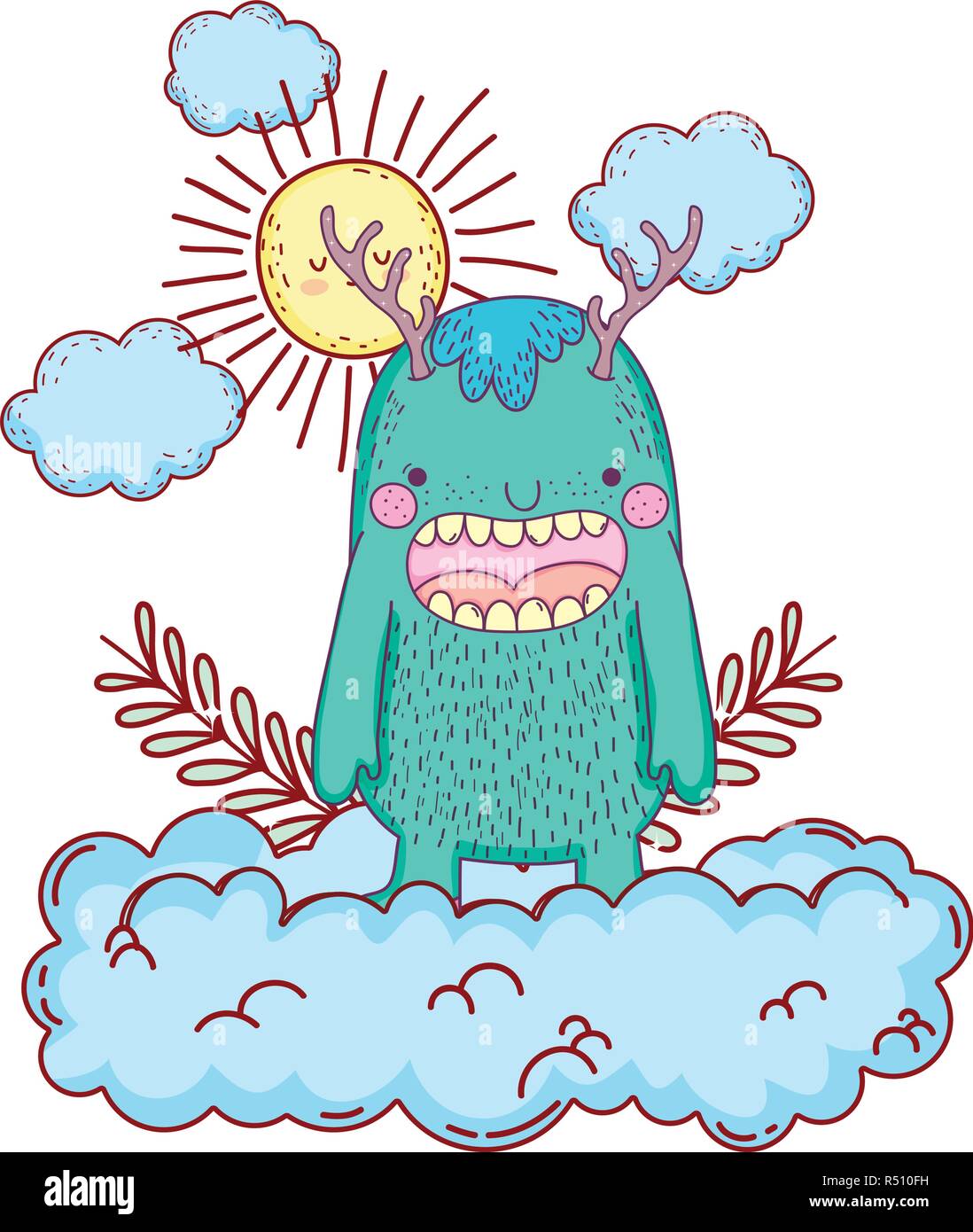 fairytale monster with clouds and sun vector illustration design Stock ...