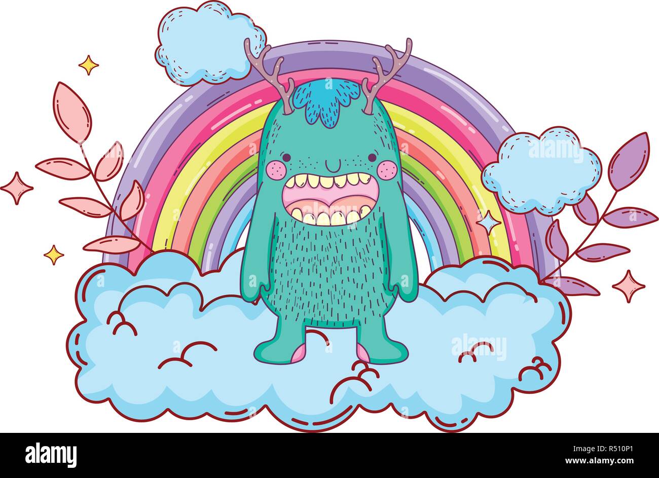 fairytale monster with clouds and rainbow vector illustration design ...