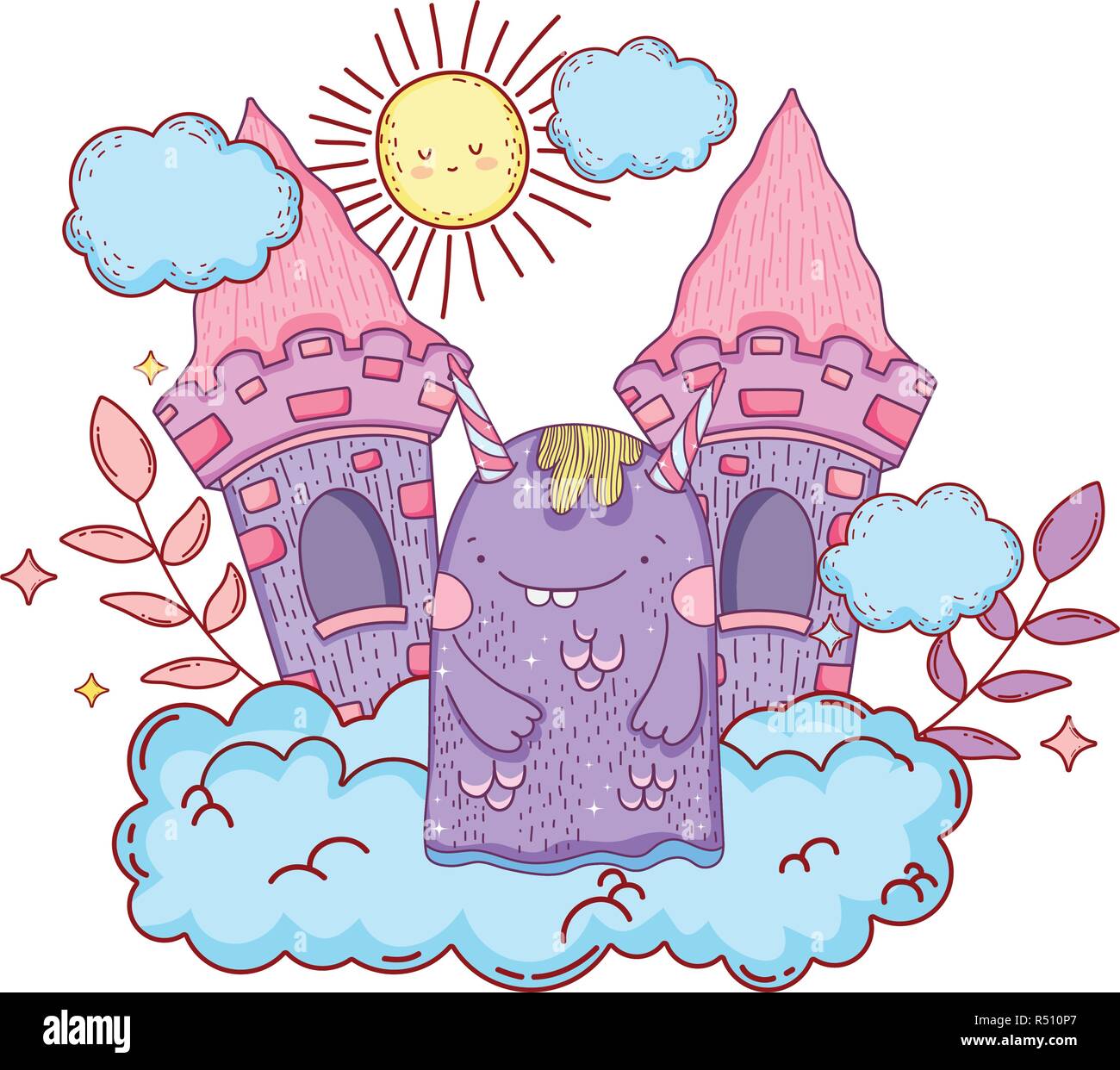 fairytale monster with castle character vector illustration design ...