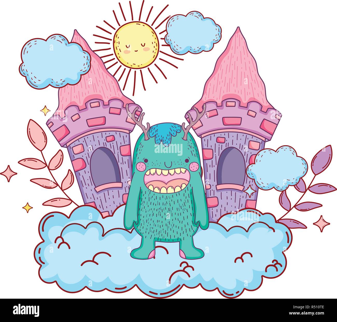 fairytale monster with castle character vector illustration design ...