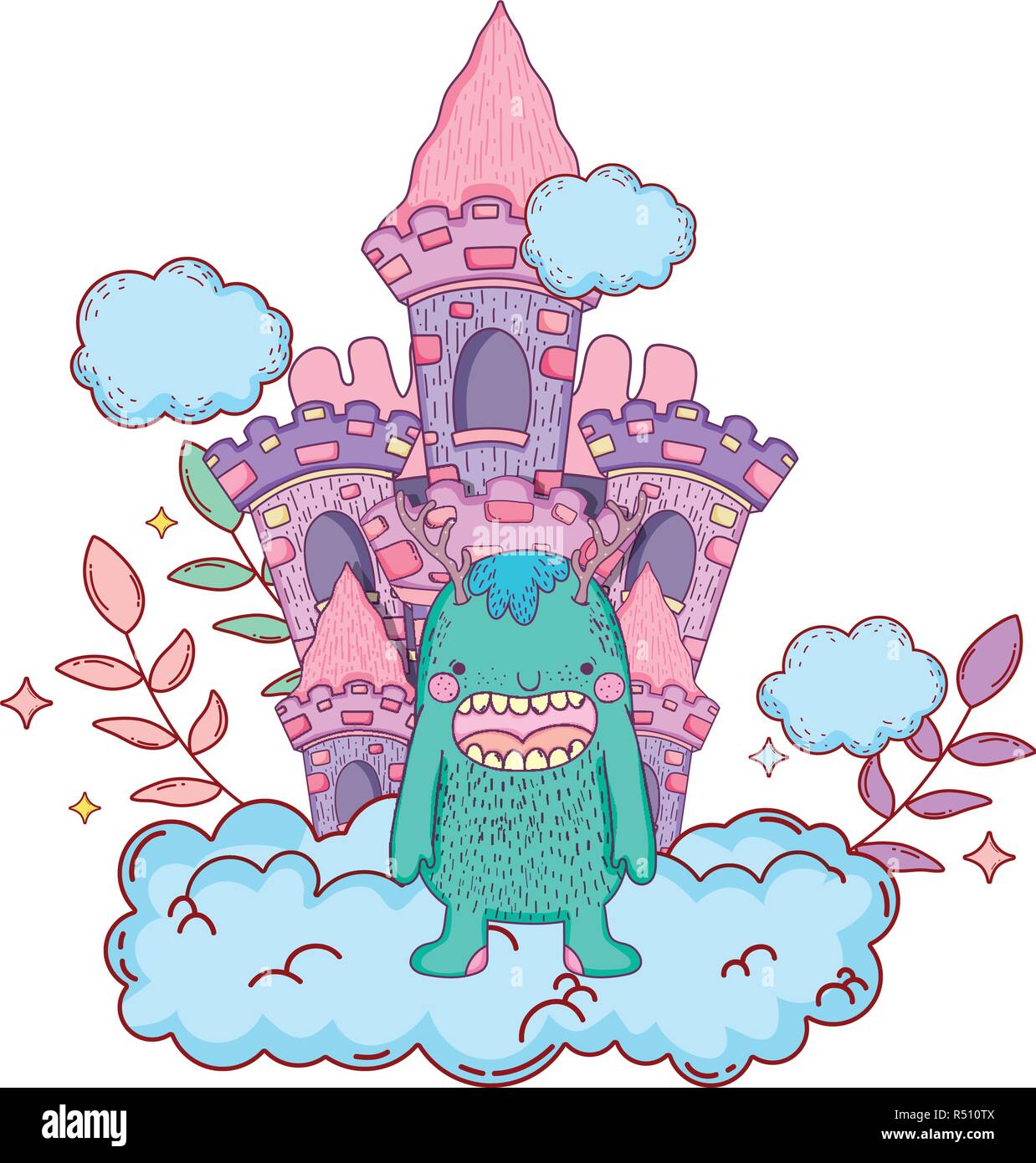 fairytale monster with castle character vector illustration design ...