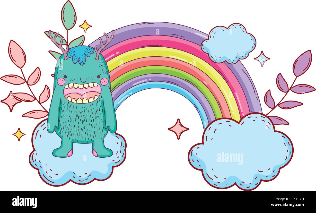 fairytale monster with clouds and rainbow vector illustration design ...