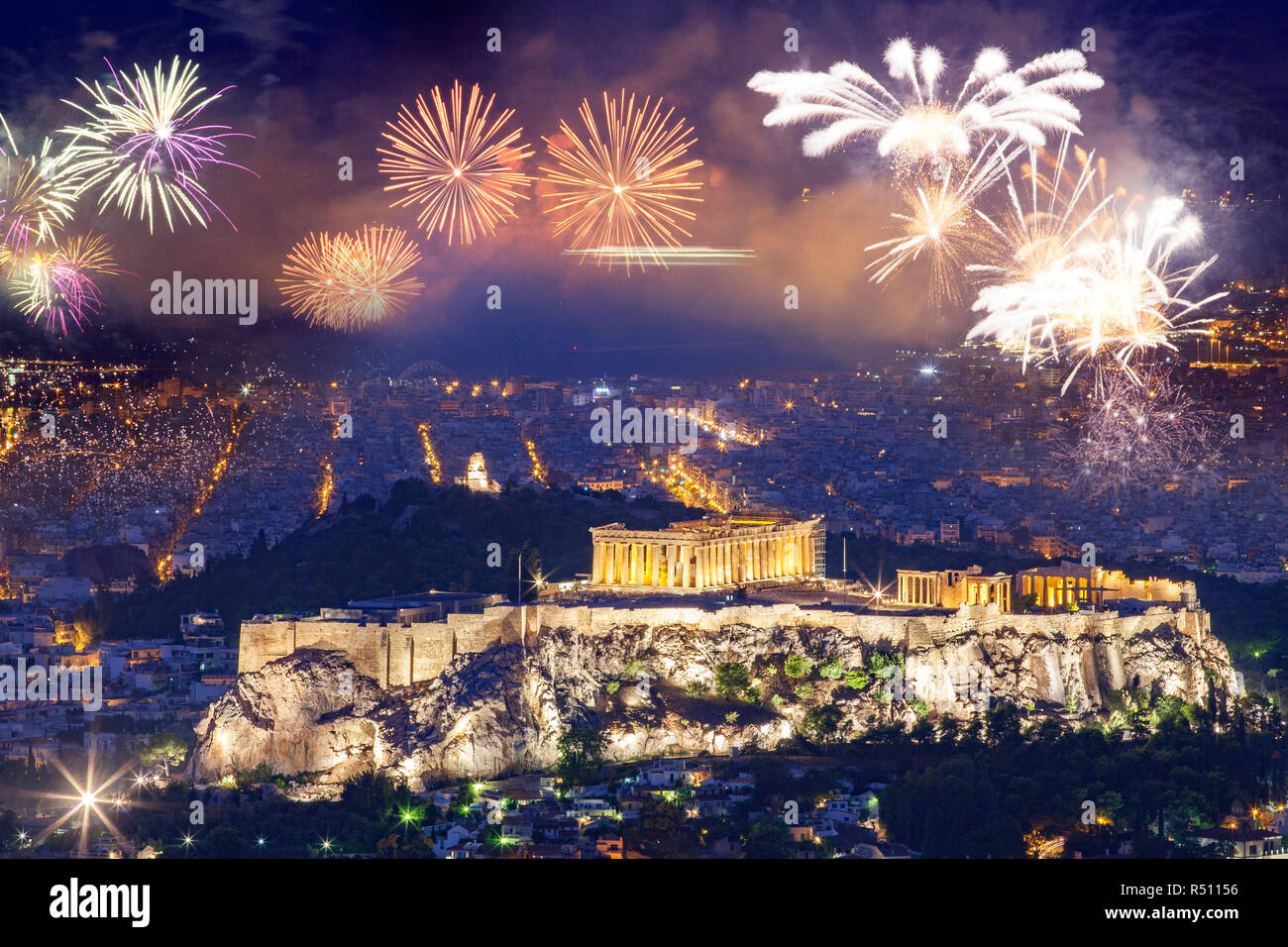 fireworks over Athens, Acropolis and the Parthenon, Attica, Greece ...