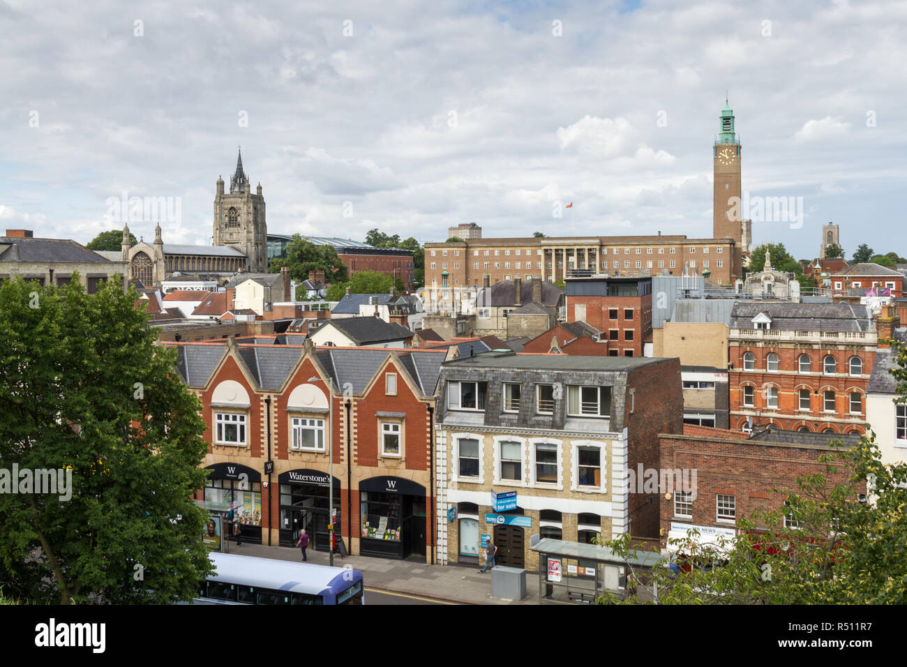 City Hall and St Peter Mancroft church above Norwich City rooftops ...