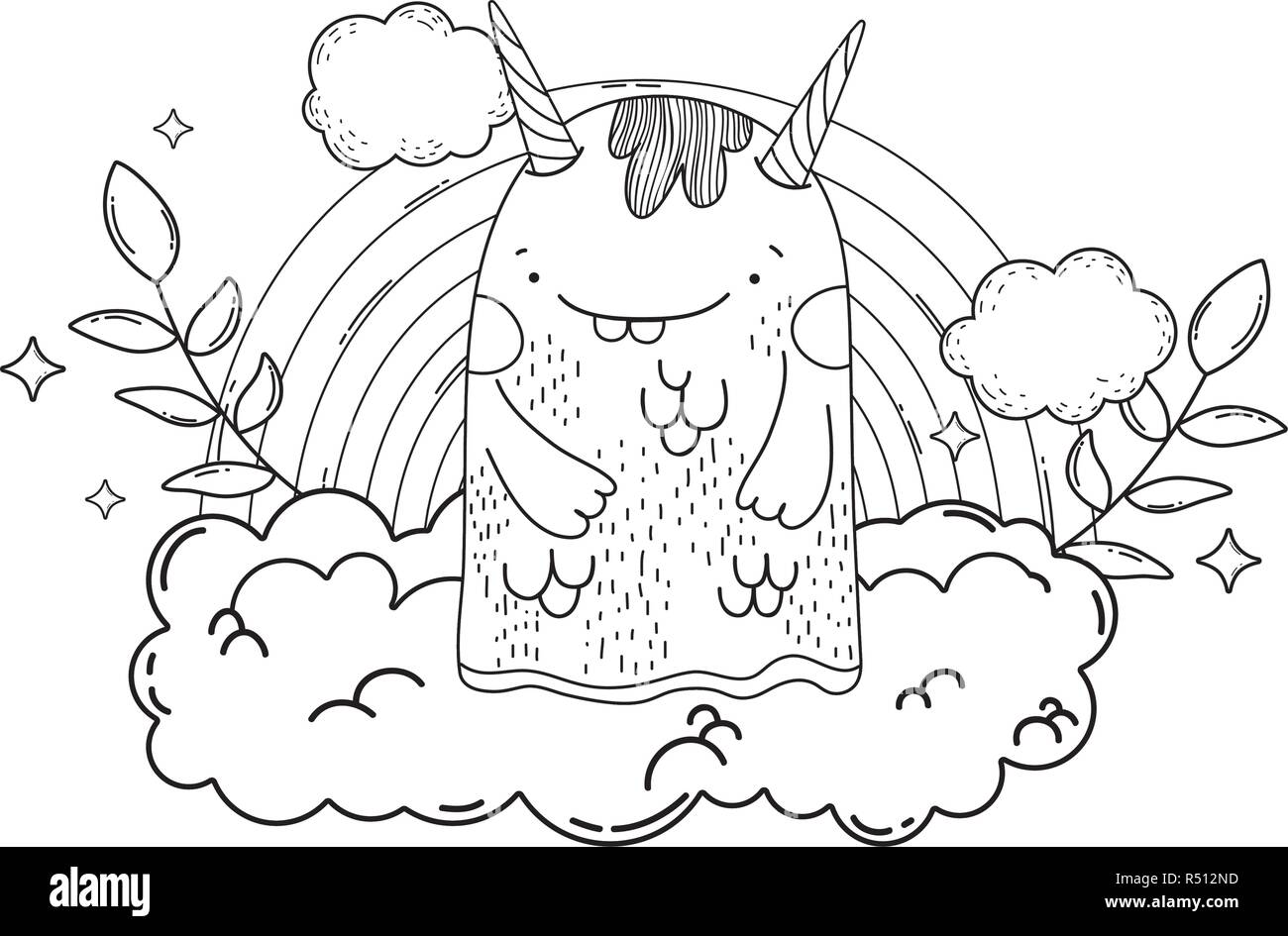 fairytale monster with clouds and rainbow vector illustration design ...