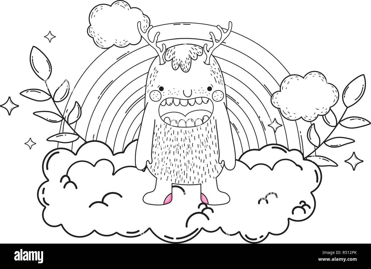 fairytale monster with clouds and rainbow vector illustration design ...
