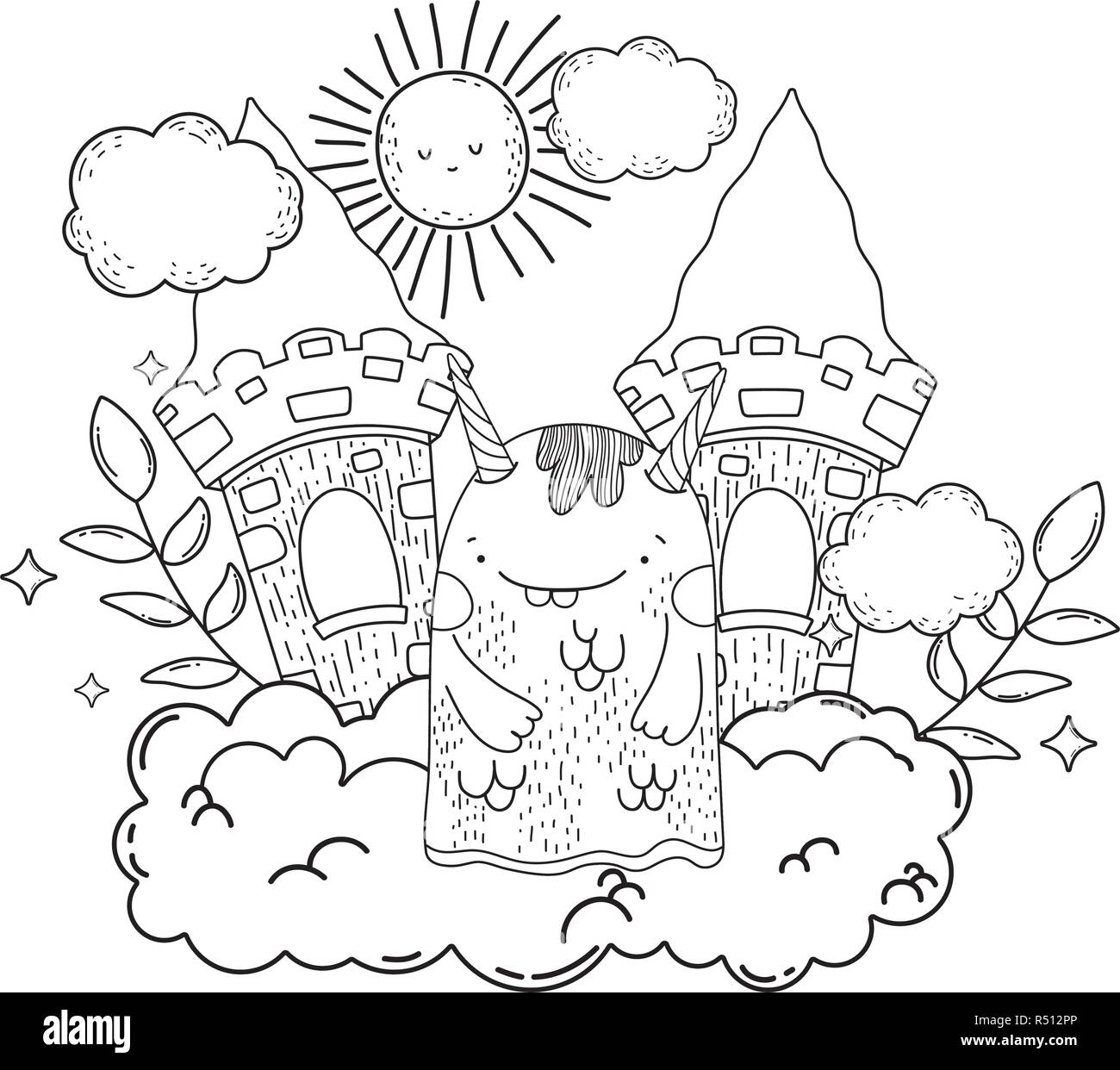 fairytale monster with castle character vector illustration design ...