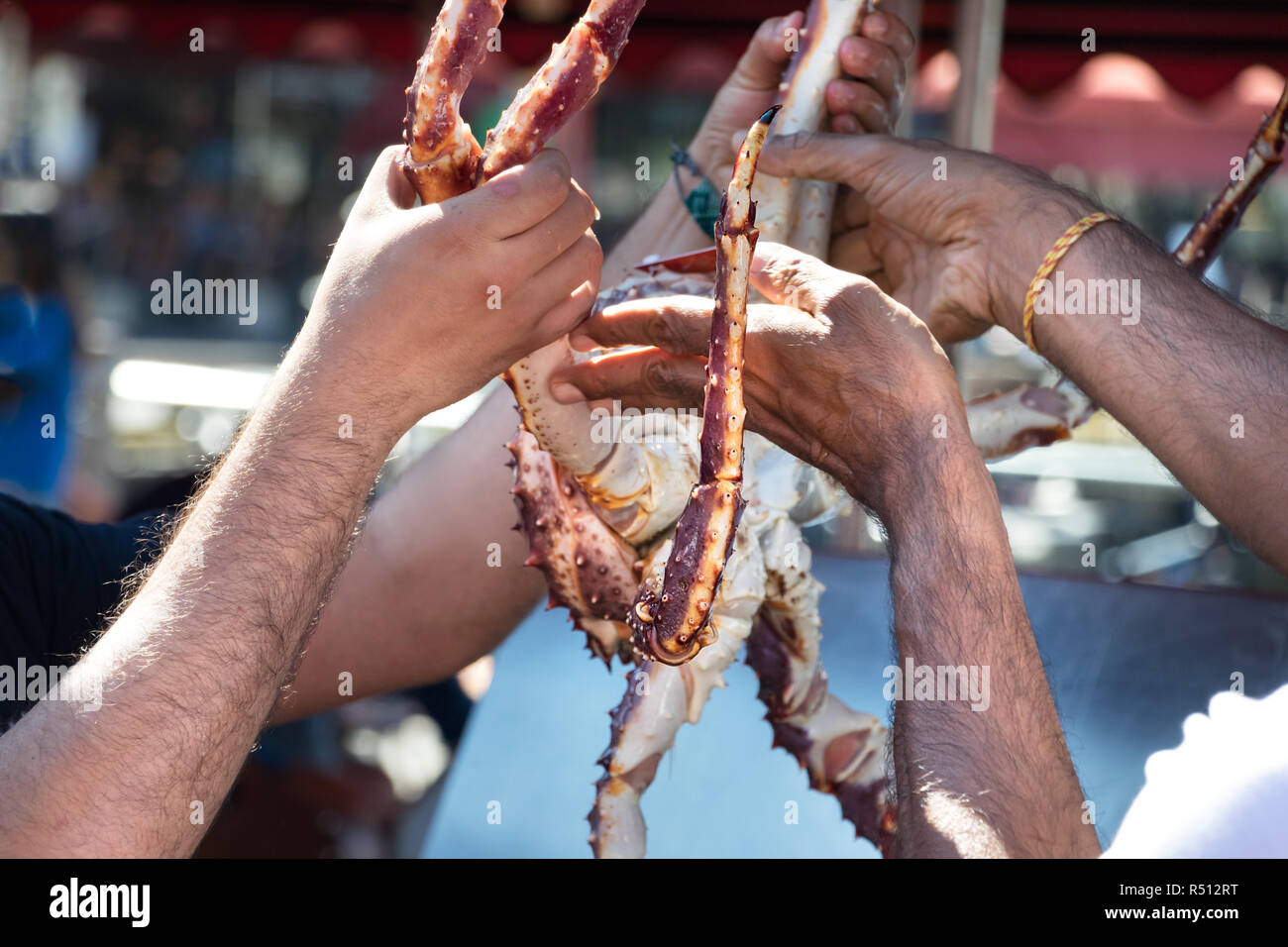 Male workers taking a Crab legs at Bergen fish market, Norway Stock ...