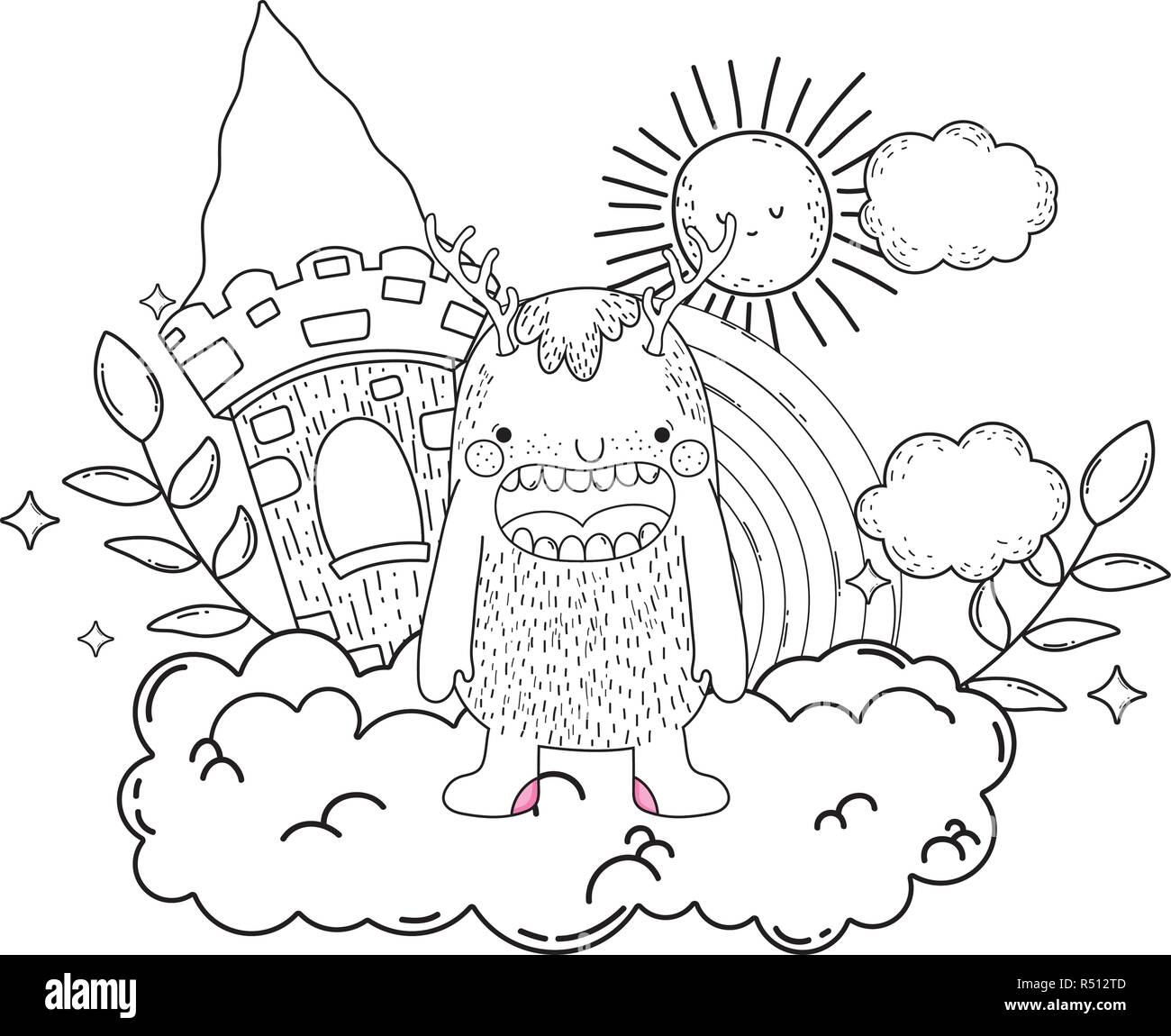 fairytale monster with castle character vector illustration design ...