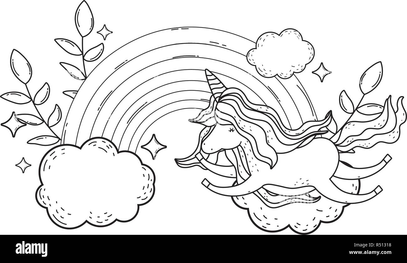Cute Unicorn With Clouds And Rainbow Stock Vector Image And Art Alamy