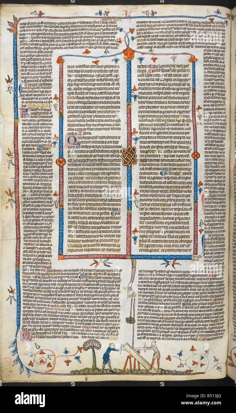 Text surrounded by double borders. In lower margin, two men sawing a ...