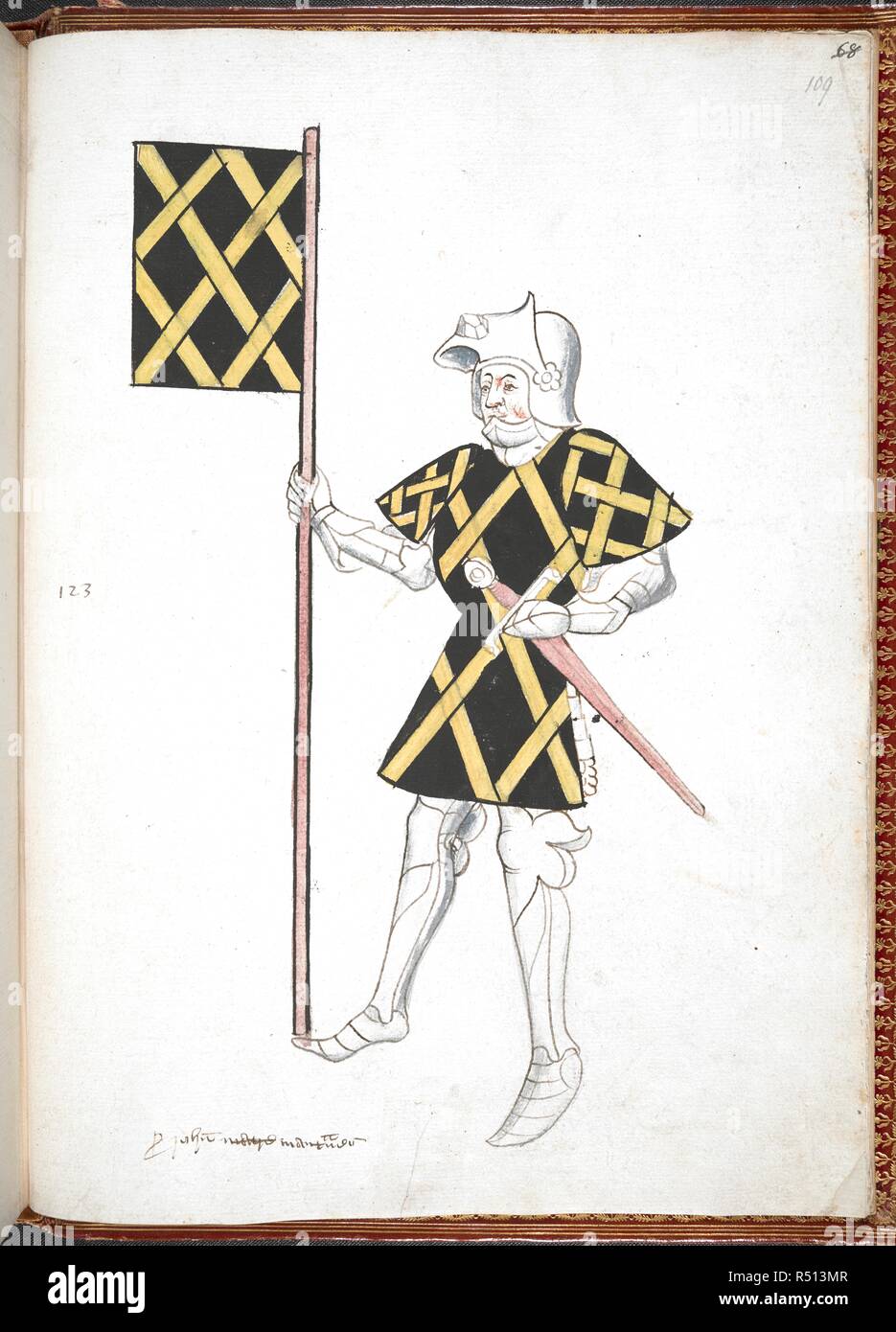 Knight, in armour and tabard, holding a sword and a standard with ...