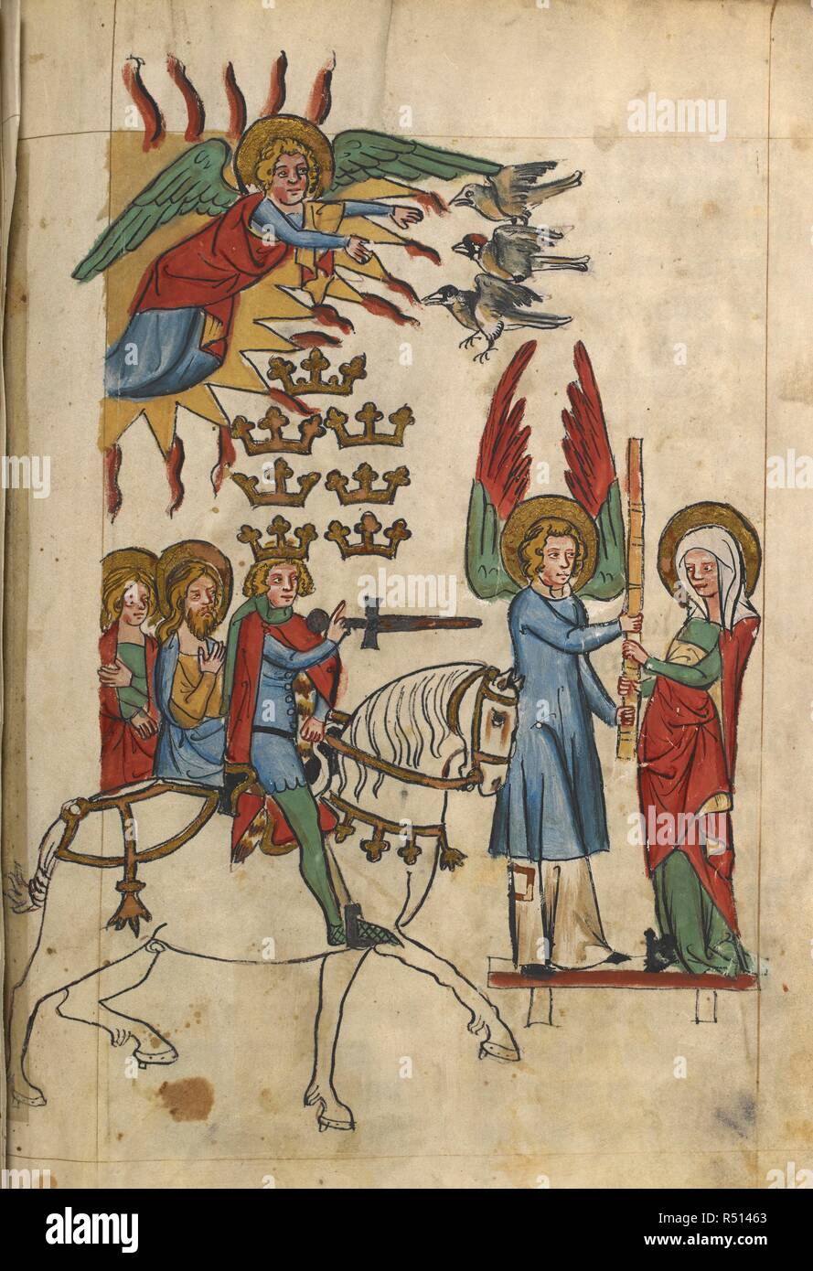 A crowned rider, with an angel and birds above. On the right, an angel ...