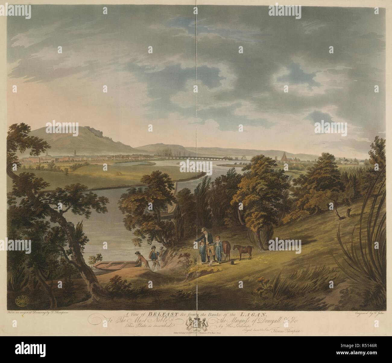 Figures and a horse by the River Lagan; a boat on the left; the city of ...