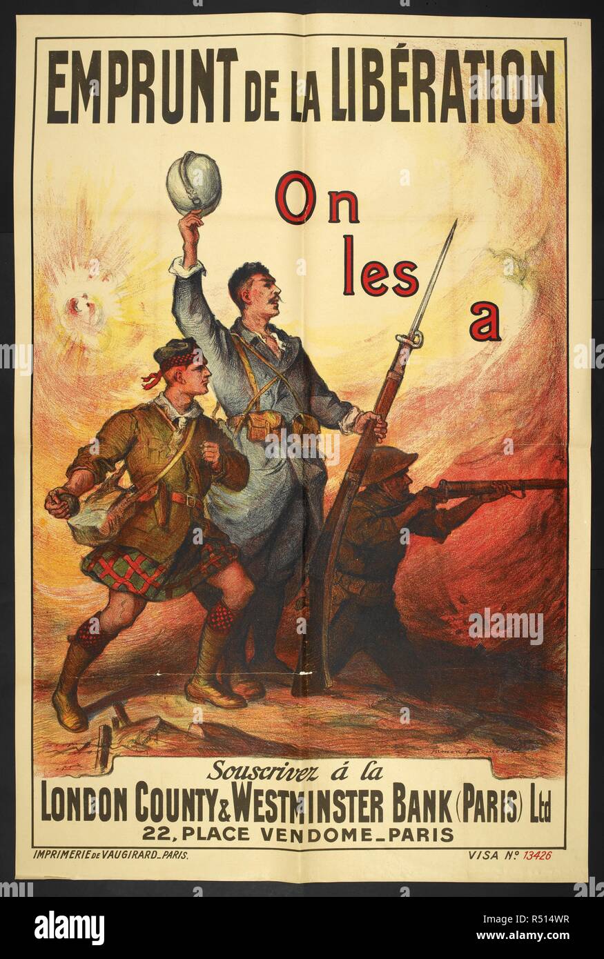 A propaganda poster depicting three Allied soldiers, A Scottish, French ...