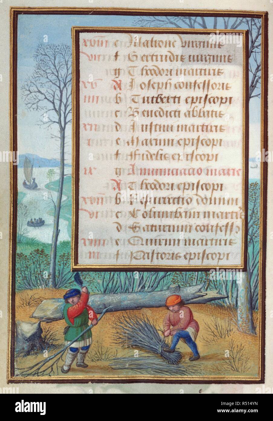 Calendar page for March showing woodcutters chopping wood. Book of ...