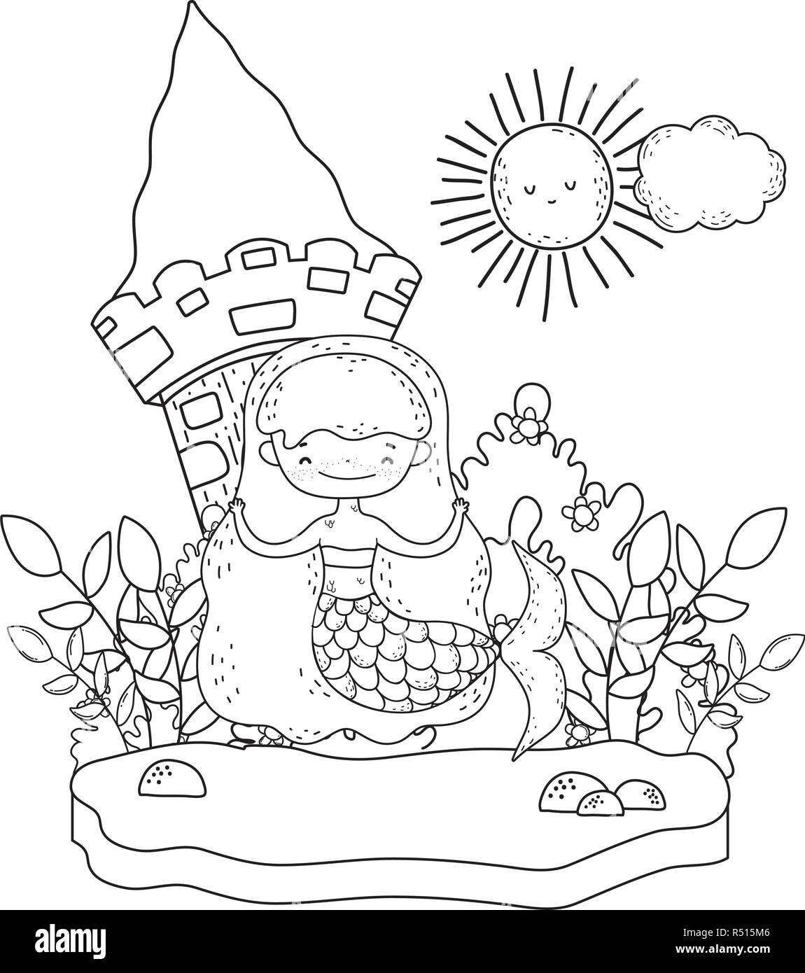 cute mermaid with castle in the landscape Stock Vector Image & Art - Alamy