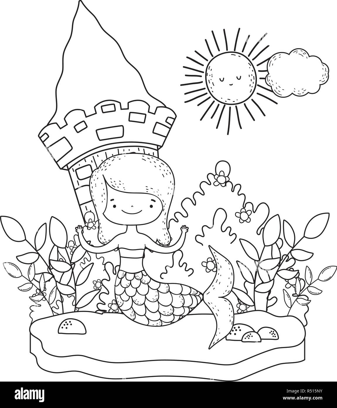 cute mermaid with castle in the landscape Stock Vector Image & Art - Alamy